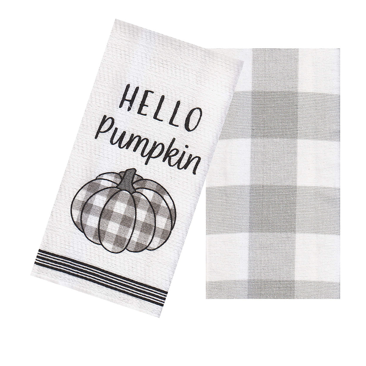 Mainstream Hello Pumpkin Kitchen Hand Towels, Grey and White Checked Buffalo Plaid, Set of 2 Coordinating Cotton Dishtowels for Fall and Thanksgiving Decorating, 16 x 26 inches