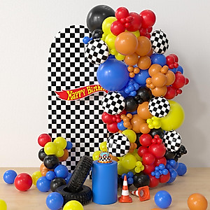 HYOWCHI Race Car Birthday Party Supplies - 153 Pcs Car Wheels Birthday Balloon Garland Arch Kit, Red Yellow Blue Black Checkered Foil Balloon Arch For Racing Car Monster Party Decorations