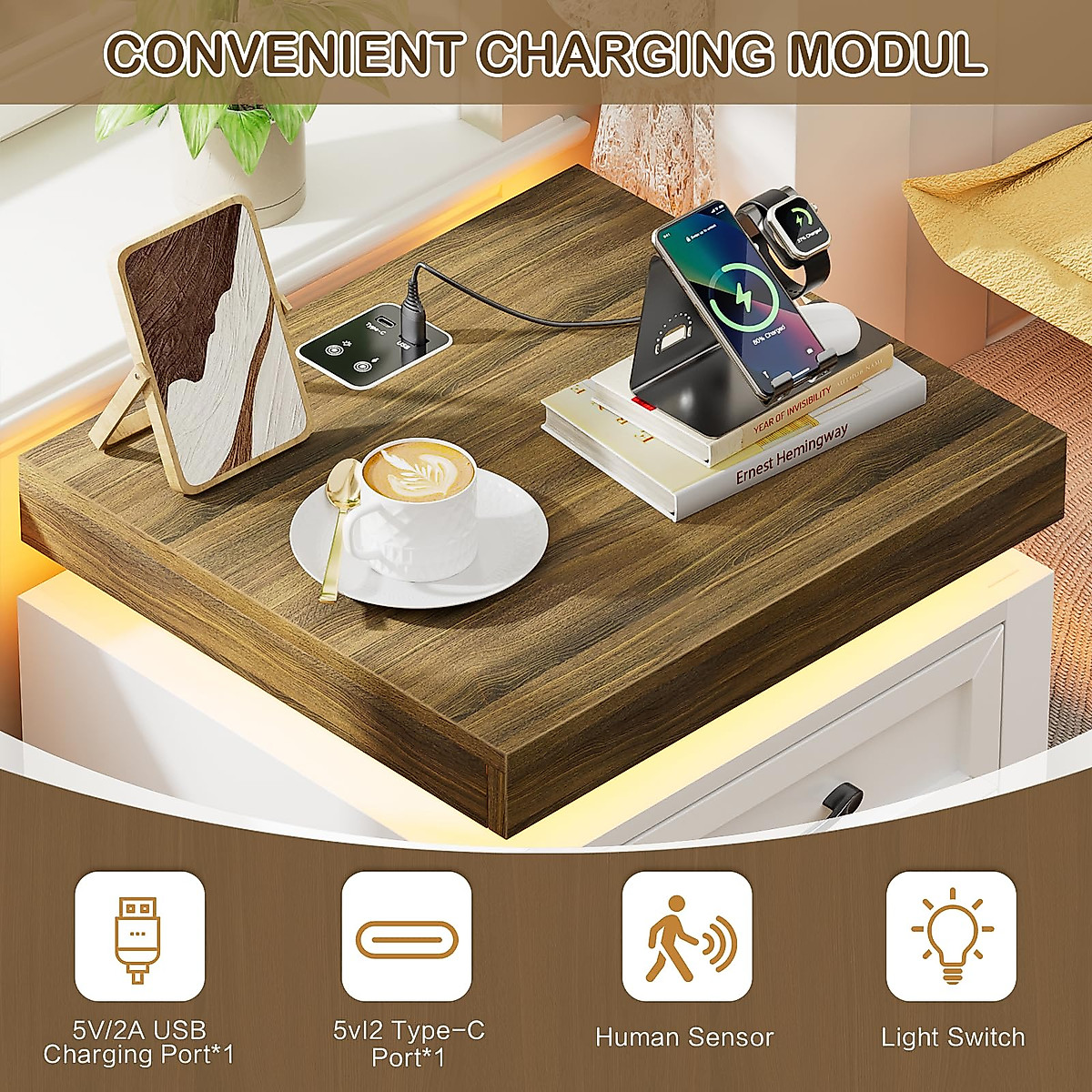 BROTTAR Nightstand with Gun Drawer, Farmhouse LED Bedside Table with Charging Station, Human Sensor, Smart Nightstand with Locking Drawer for Bedroom, Office