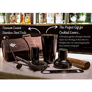 Mixology Bartender Kit | Premium Titanium Cocktail Set | 6-piece | Cocktail Shaker Set including Cocktail Shaker 19 oz, Bar Blade, Jigger, Wood Muddler, Cocktail Strainer, Bar Spoon and Wax Canvas Bag