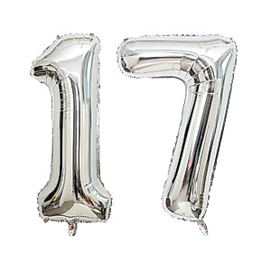 XLOOD Number 17 Balloons 32 inch Digital Balloon Alphabet 17 Birthday Balloons Digit 17 Helium Balloons Big Balloons for Birthday Party Supplies Wedding Bachelorette Bridal Shower, Silver Number 17th
