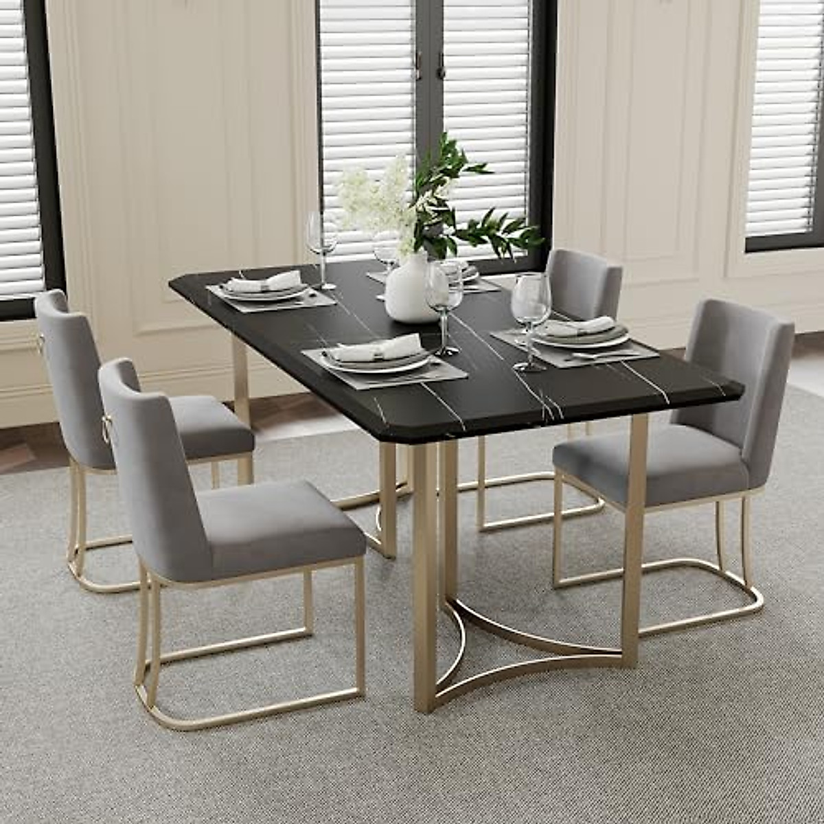 Maotifeys Modern Marble Dining Table,71" Rectangle Black Faux Marble Top Dining Table with Brushed Metal Pedestal Base,Kitchen Table for 6-8 Person Dinner Table for Dining Room,Living Room,Home Office