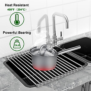 Sindax Roll Up Dish Drying Rack, 23‘’x13'' Stretchable Stainless Steel Over The Sink Dish Rack Multifunctional Foldable Over Sink Rack with Utensil Holder for Kitchen