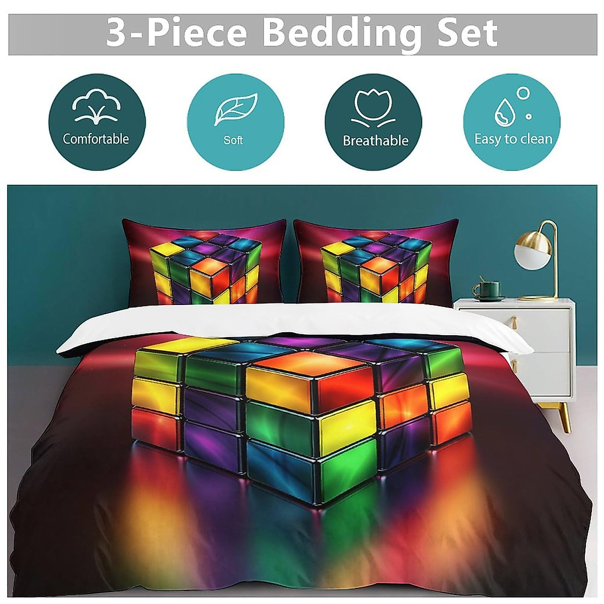 HotcoS Magic Cube ​Puzzle Comforter Set Queen 3 Pieces Bedding Set Lightweight Soft Bedding Comforter Sets for All Season with 1 Duvet Cover 86""x70"" 2 Pillow Shams 30'' X 20'', Style