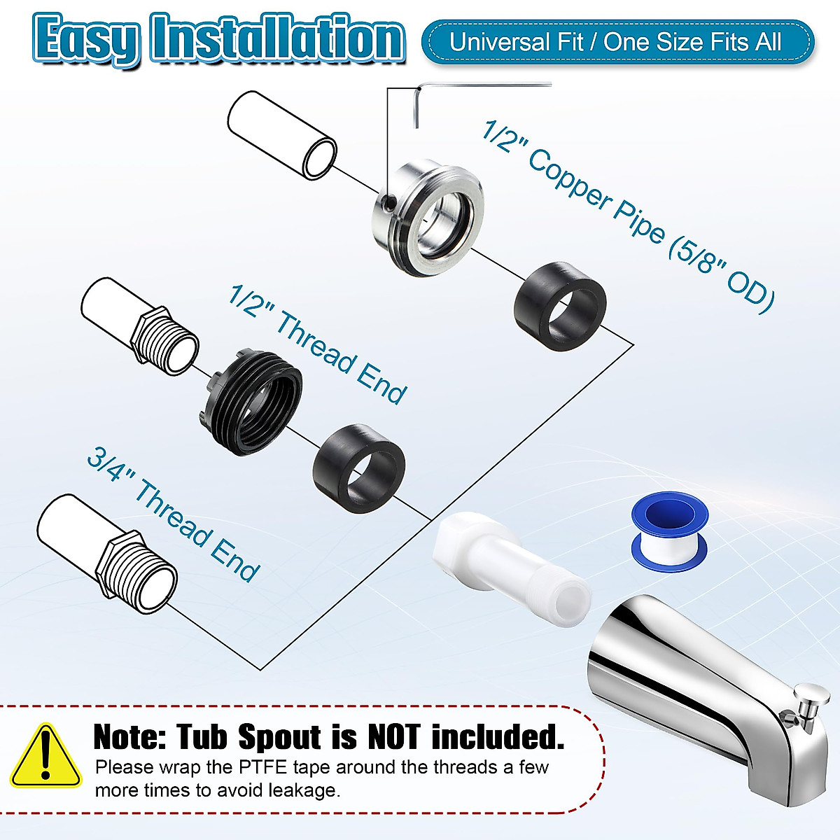 Dreyoo Four in One Tub Spout Adapter, Threaded Bathtub Faucet Adapter Slip Fit for Copper (Compatible with 1/2'' Copper Pipe, 1/2'' and 3/4'' Pipe Thread), Bathtub Spout Adapter Kit with Assembly Tool