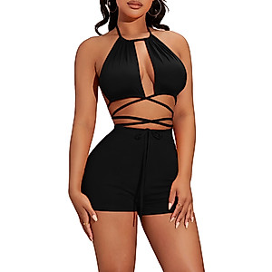 SOLY HUX Women's Sexy 2 Piece Outfits Criss Cross Halter Tie Back Crop Top and Biker Shorts Set Black XS