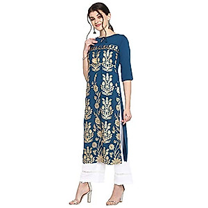 Janasya Indian Women's Turquoise Blue Poly Crepe Kurta(JNE3457-KR-XL)
