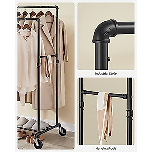 SONGMICS Heavy Duty Clothes Rack, Industrial Pipe Clothing Rack with Shelf, Double Rod Garment Rack on Wheels, Commercial Grade, for Hanging Clothes, Storage Display, Black UHSR60B