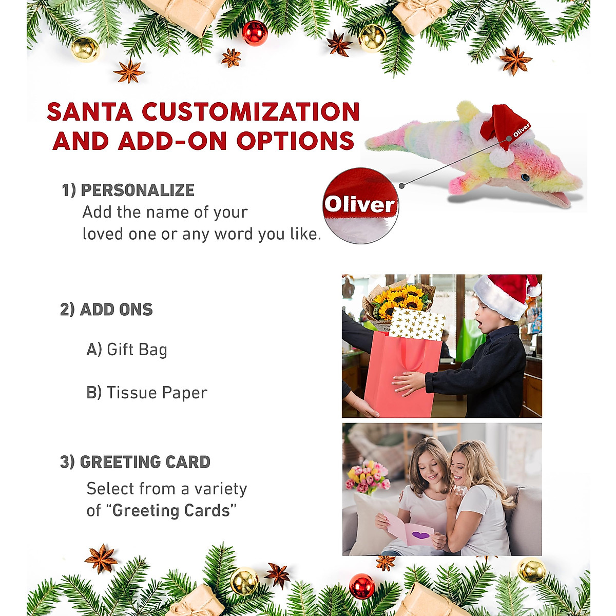 DolliBu Santa Large Rainbow Dolphin Stuffed Animal Plush Toy - Wild Animal Dress Up with Red Santa Claus Hat, Cute Wildlife Gift, Perfect Holiday with Name Personalization - 18 Inches