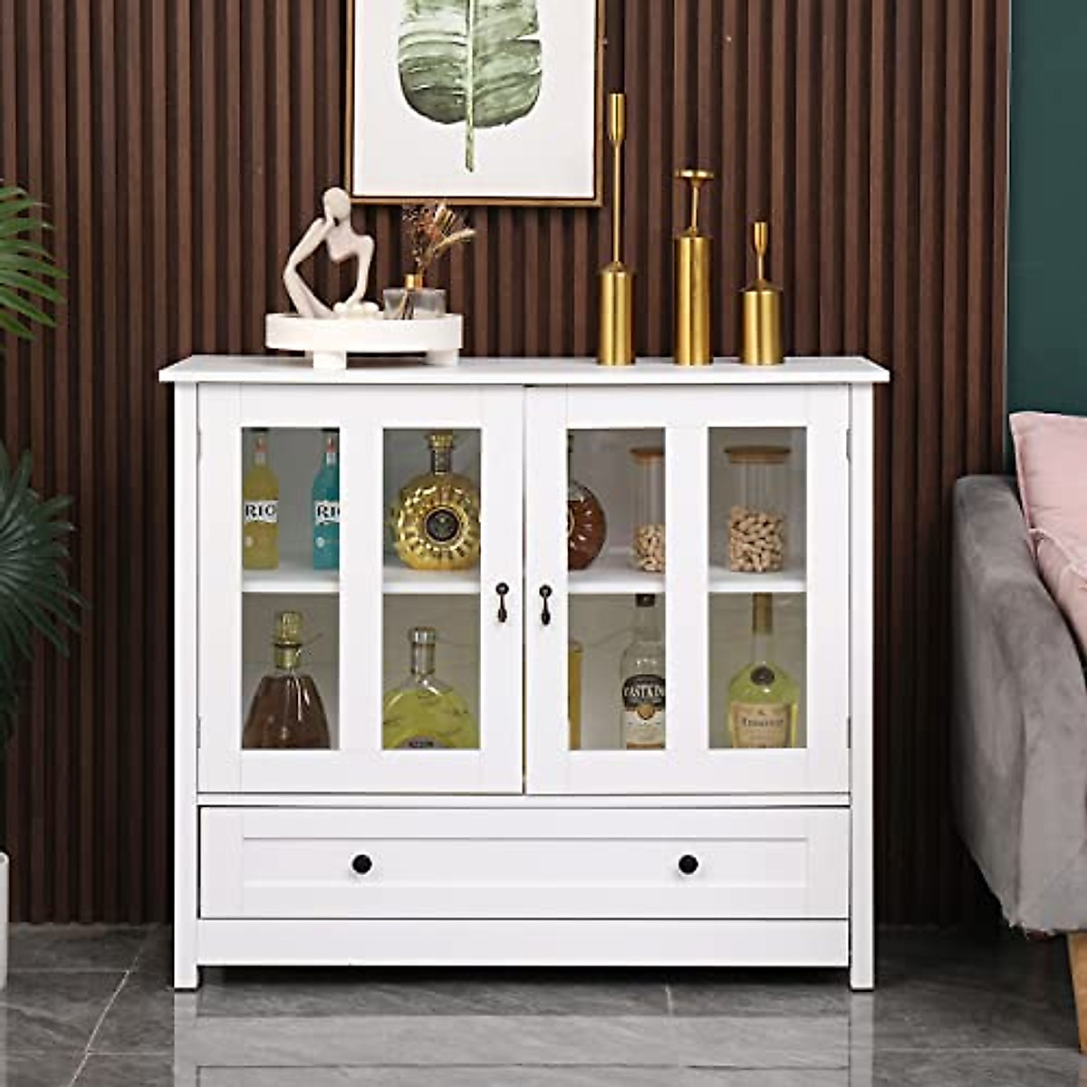 Large Buffet Cabinet for Living Room Kitchen, White Storage Sideboard with Glass Doors and Drawer, Credenza Console Table for Dining Room Entryway, Wooden Serve Cupboard Pantry Cabinet with Shelves