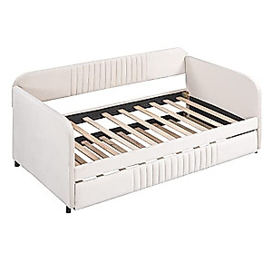 ERYE Twin Size Upholstered Daybed Sofa Bed with Trundle Bed and Wood Slat,Velvet Upholstery Twin Upholstered Bed for Boys and Girls,Beige Gray Light Blue