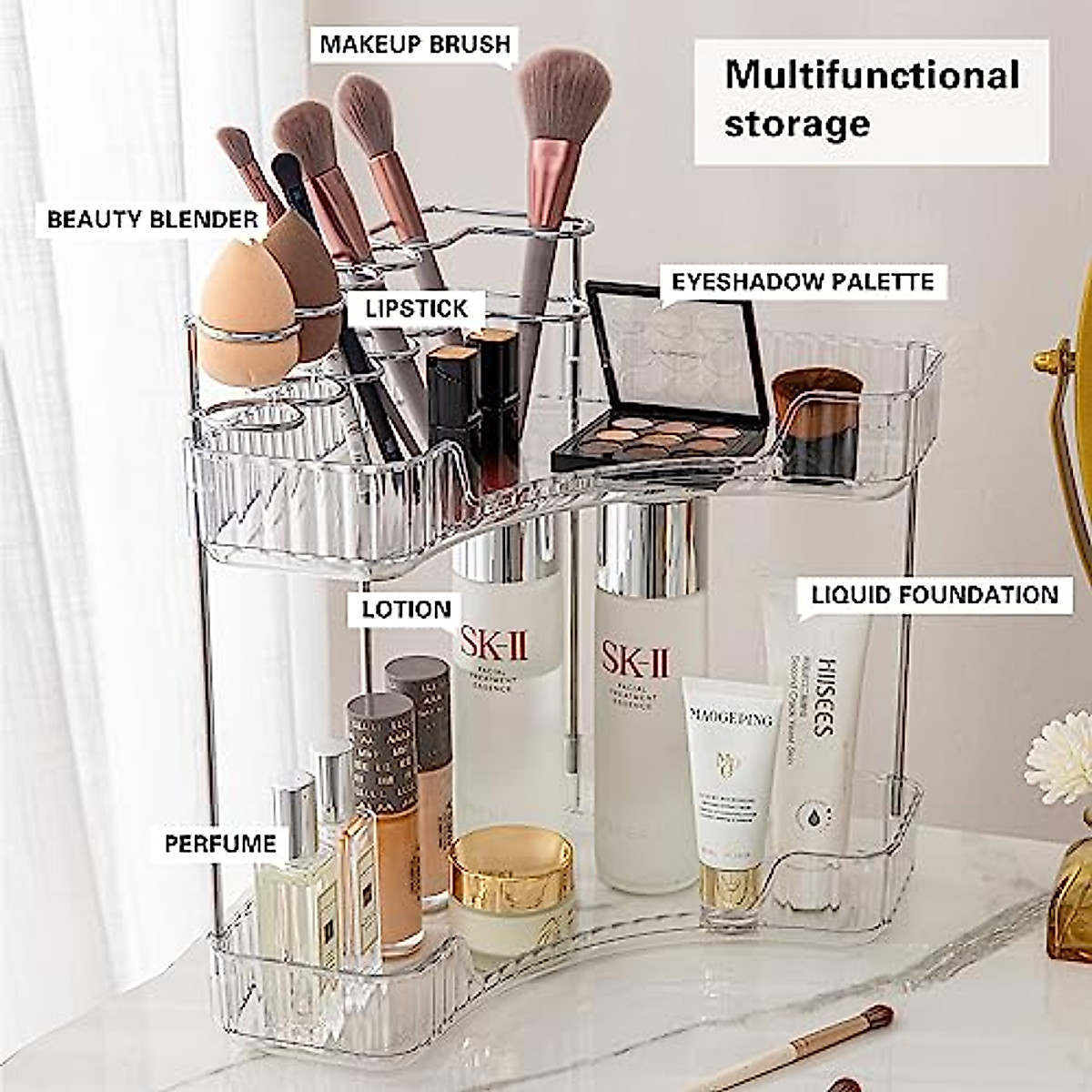 CICUFY 2-Tier Acrylic Corner Makeup Organizer Stylish Counter Organizer for Vanity and Bathroom Countertop - White Clear