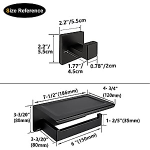 Nolimas Matte Black Bathroom Hardware Set 3 Pieces SUS304 Stainless Steel Square Wall Mounted Set Including Robe Towel Hooks,Toilet Paper Holder with Shelf, Bathroom Accessories Kit