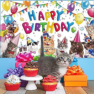 Dog Cat Happy Birthday Backdrop Banner Puppy Photography Background Banner Cartoon Cat Photo Backdrop Birthday Party Decorations for Dog Cat Owner Birthday Party Pet Party Supplies (Cat)