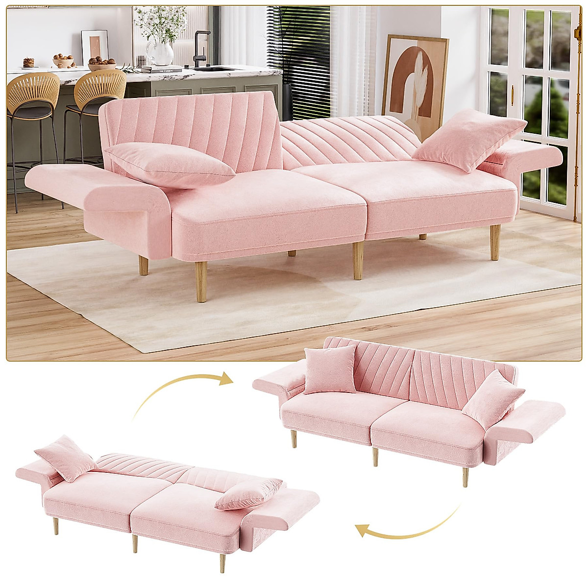 Nolohoo Velvet Futon Sofa Bed, Futon Couch, Small Sofa 75.3" Upholstered Comfy Loveseat Sleeper Sofa with Adjustable Armrests, Mid Century Couches for Living Room, Bedroom, Pink, Velvet