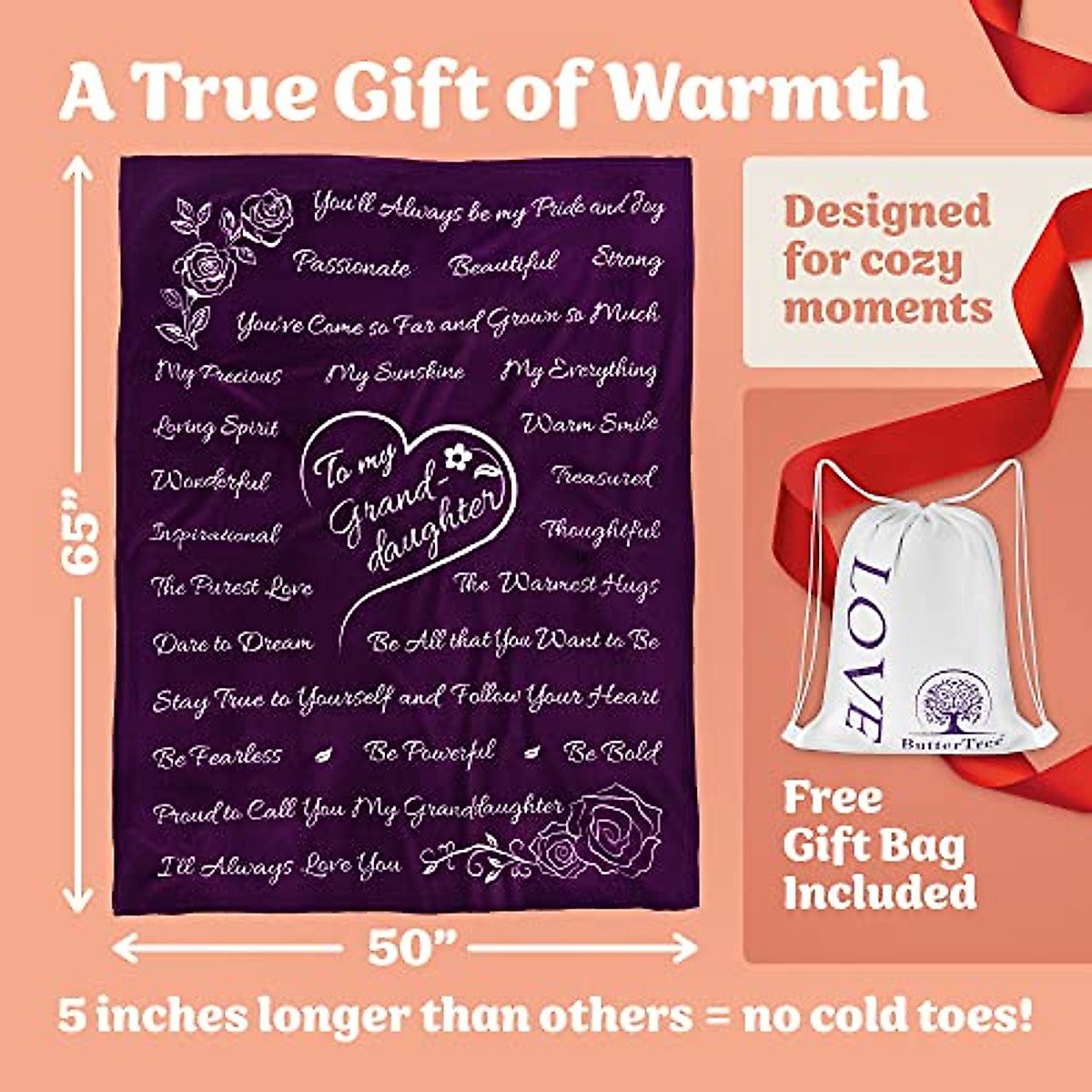 Granddaughter Gifts from Grandma, to My Granddaughter Blanket, Grand Daughter Gifts from Grandma, Graduation Gifts for Granddaughter, Gifts for Granddaughter, Throw Blanket 65" x 50" (Purple)