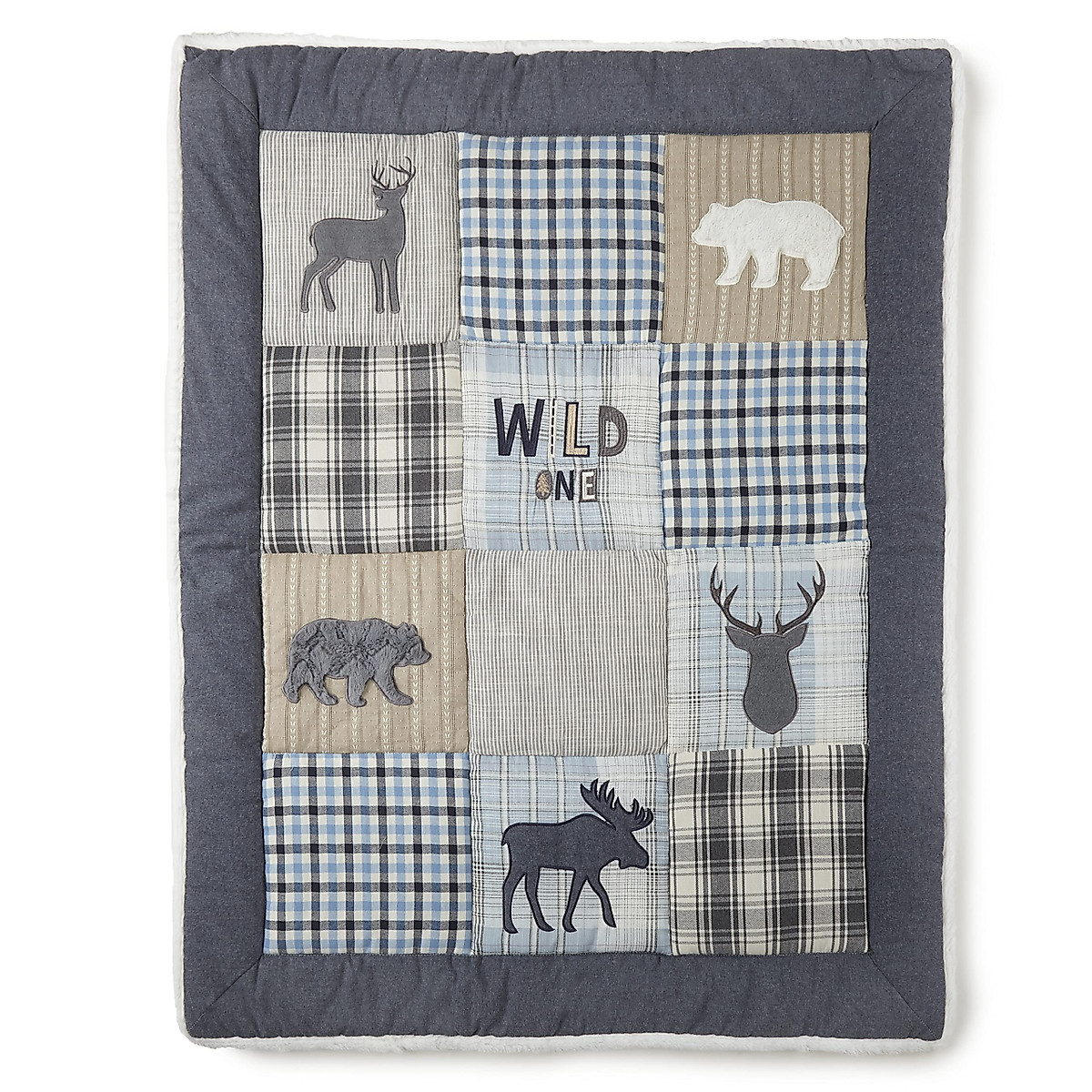 Levtex Baby - Logan Crib Bed Set - Baby Nursery Set - Navy Grey White Blue Taupe Blue - Deers, Bears and Moose - 4 Piece Set Includes Quilt, Fitted Sheet, Wall Decal & Skirt/Dust Ruffle