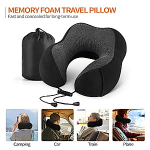 Emgthe Travel Pillow 100% Memory Foam Pillow, Neck Pillow for Airplane, Neck & Head Support Pillow for Sleeping Rest & Car, Travel Pillows Kit with Storage Bag, Sleep Mask and Earplugs Black