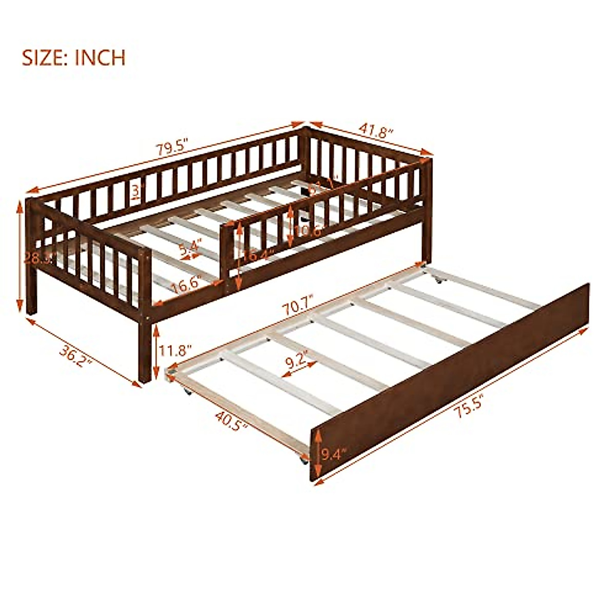 DEINPPA Twin Bed with Trundle, Kids Daybed Trundle Bed, Wooden Bed Frame with Fence Guardrails for Kids Children Toddlers Boys Girls-Walnut