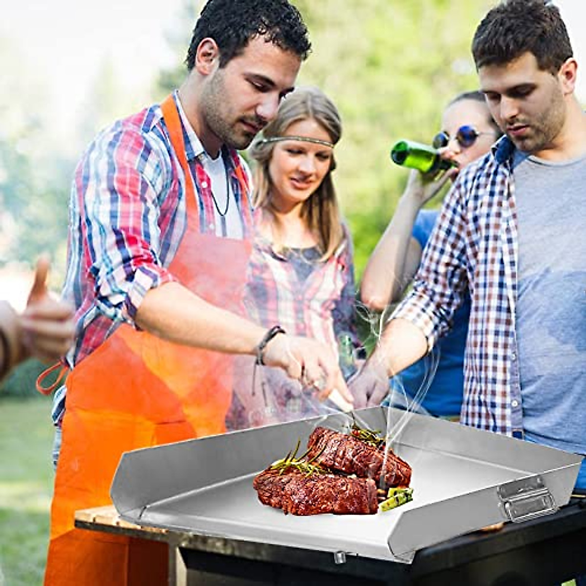 Minneer 100% Stainless Steel Universal Griddle with Even Heat Cross Bracing and Integral Handles for Charcoal/Gas Grills, Camping, Tailgating, and Parties (32" - 18")