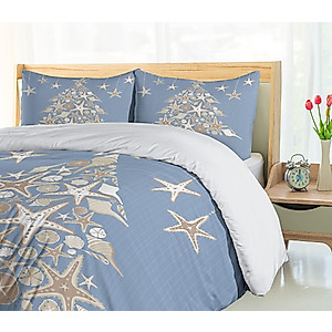 Ambesonne Christmas Duvet Cover Set, Nautical Elements Sea Life Theme with Noel Tree Winter Season, Decorative 3 Piece Bedding Set with 2 Pillow Shams, Queen Size, Beige Cream