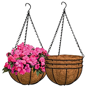 ZeeDix 3pack 12inch Metal Hanging Basket with Coconut Coir Liner- Coconut Coir Liner with Black Chain for Porch Pots Hanger, Indoor Outdoor Plant Flower Pot, Garden Decorations (12in)