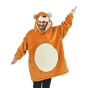 LASSUPIN Teddy Brown Bear Wearable Blanket Sweatshirt Sherpa Oversized Hoodie TV-Blanket with Sleeves and Pockets for Adults Men Women Teens One Size Fits All