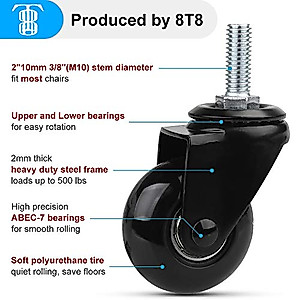 Caster Wheels 2'', Heavy Duty Soft PU Wheels with Threaded Stem 3/8''-16x1"(Not Metric M10), Quiet and Smooth Rolling, Safe for Hardwood Tile Carpet Floors, Set of 5