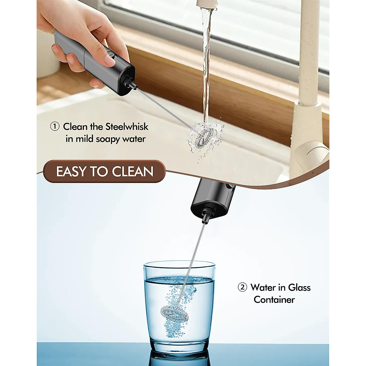 Homradise Electric Milk Frother Handheld, Coffee Frother Battery Operated Foam Maker Frother for Coffee, Frappe, Latte, Matcha, Protein Powder-Black