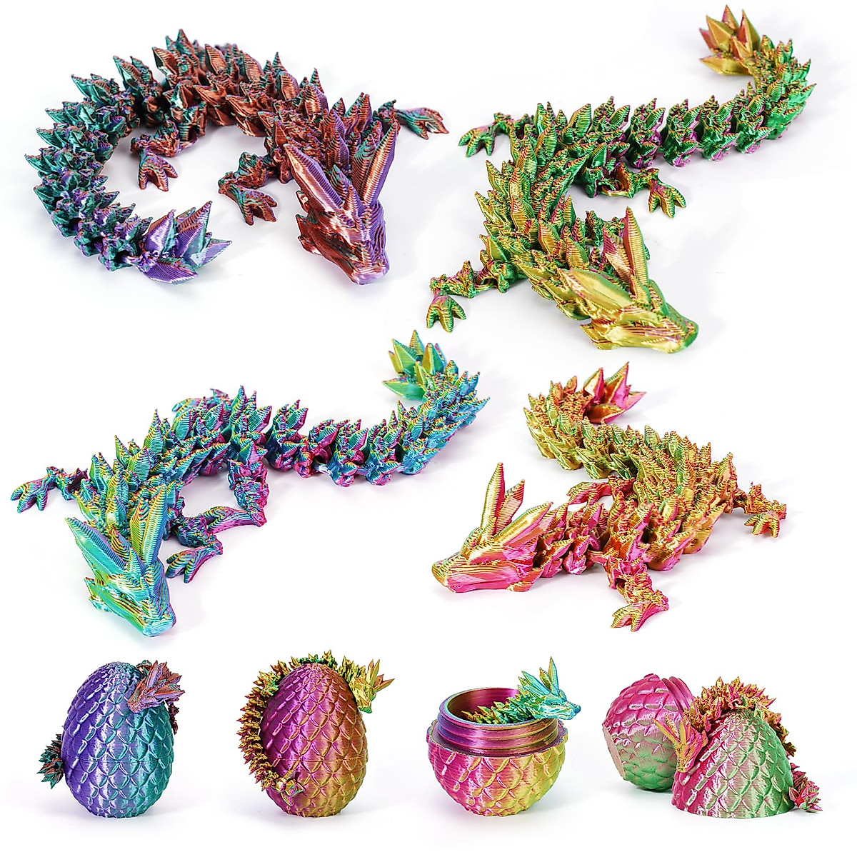 YILCER 4PCS 3D Printed Dragon Eggs with Dragon Inside Easter Basket Essentials Prefilled Easter Eggs with Toys Mini Easter Basket Stuffers Mystery Dragon Egg Fidget Toy 3D Printed Animals Toy