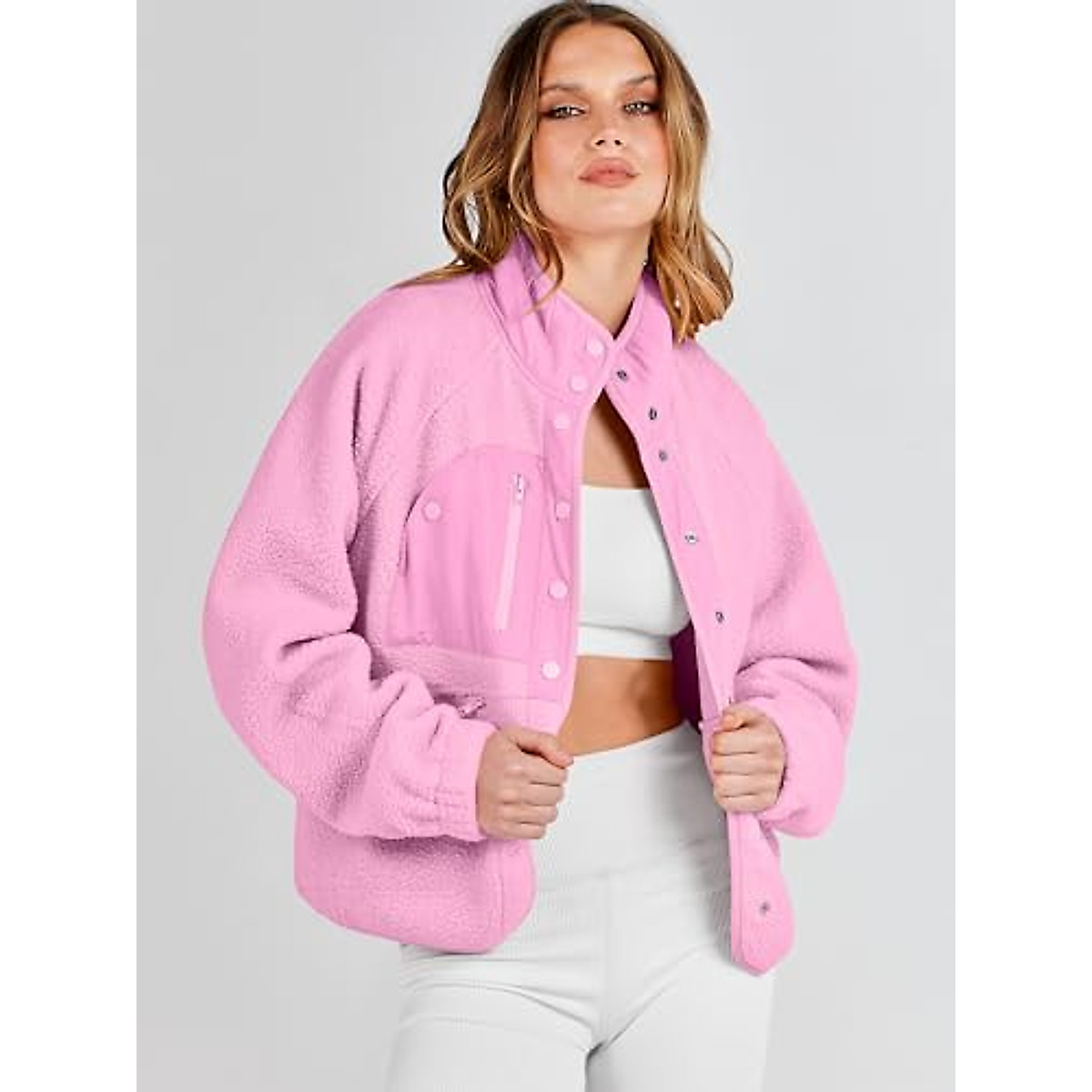 ANRABESS Womens Fuzzy Fleece Jacket Fall Casual Long Sleeve Cropped Sherpa Button Down Shacket Coats Outwear With Pockets Pink Large