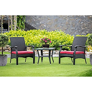 East West Furniture DTL3C01B Denton 3 Piece Patio Furniture Outdoor Set Contains a Rectangle Wicker Tea Table with Glass Top and 2 Balcony Armchair with Cushion, Small, Black