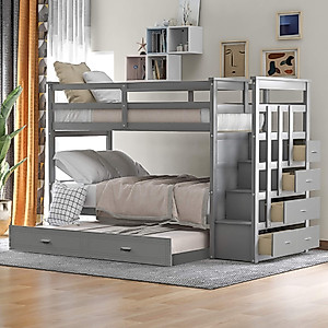Twin Over Twin Bunk Bed with Twin Size Trundle, Solid Wood Bunk Beds with 4 Storage Drawers, Staircase and Safety Guard Rail, No Box Spring Needed (Gray)