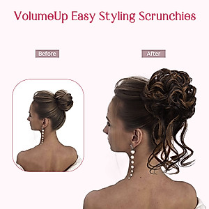 HOOJIH Messy Bun Hair Piece, 2PCS Tousled Updo with Tendrils Hair Bun Extensions Wavy Curly Hair Wrap Ponytail Hairpieces Thick Hair Scrunchies for Women HB010 Dasiy - Black Brown