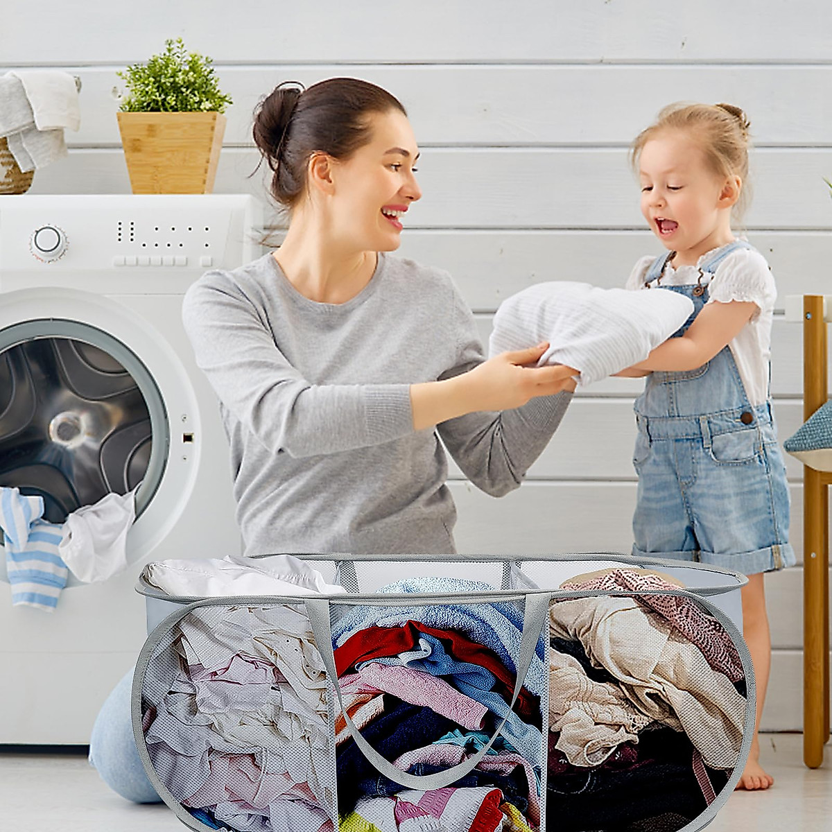 Simfree Laundry Baskets - Collapsible Laundry Baskets Popup Laundry Hamper, Pop-Up Mesh Laundry Hampers with 3 Compartments & Handles for Laundry, Bathroom, Kids Room, Dorm, Travel or Camping- Grey