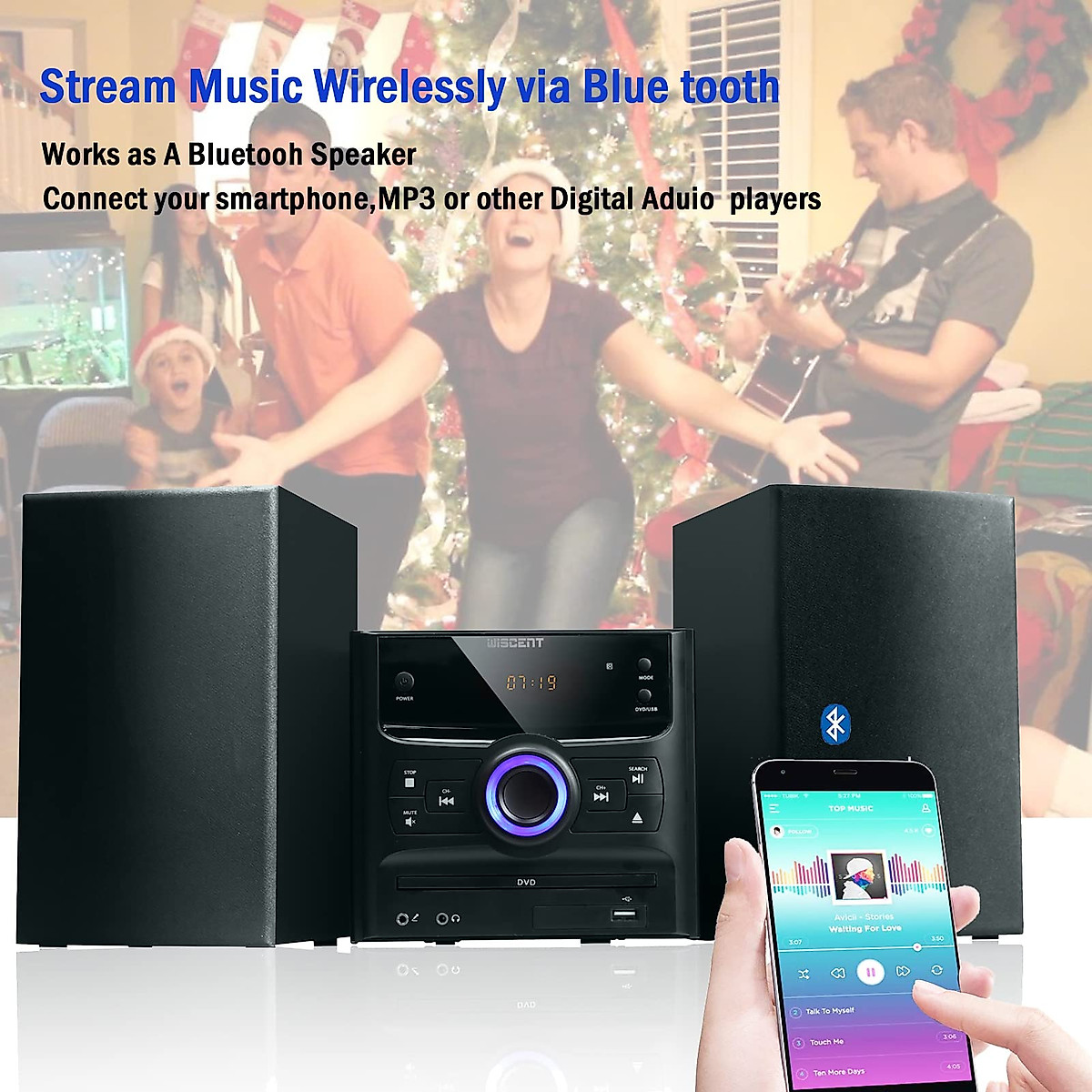 WISCENT Stereo Shelf System for Home with Bluetooth, CD Player, FM Radio, Mini Stereo DVD Player, USB MP3 Playback, AUX ,Mic, Headphone Jack, 30W Home Stereo (Compact Micro HiFi CD DVD Player)