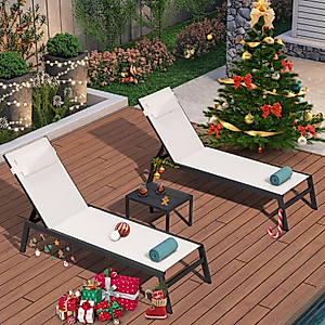 PURPLE LEAF Lounge Chair Set for Outside Aluminum Patio Recliner with Side Table and Pillow Beach Sunbathing Tanning Chairs Pool Chaise Lounger Outdoor White