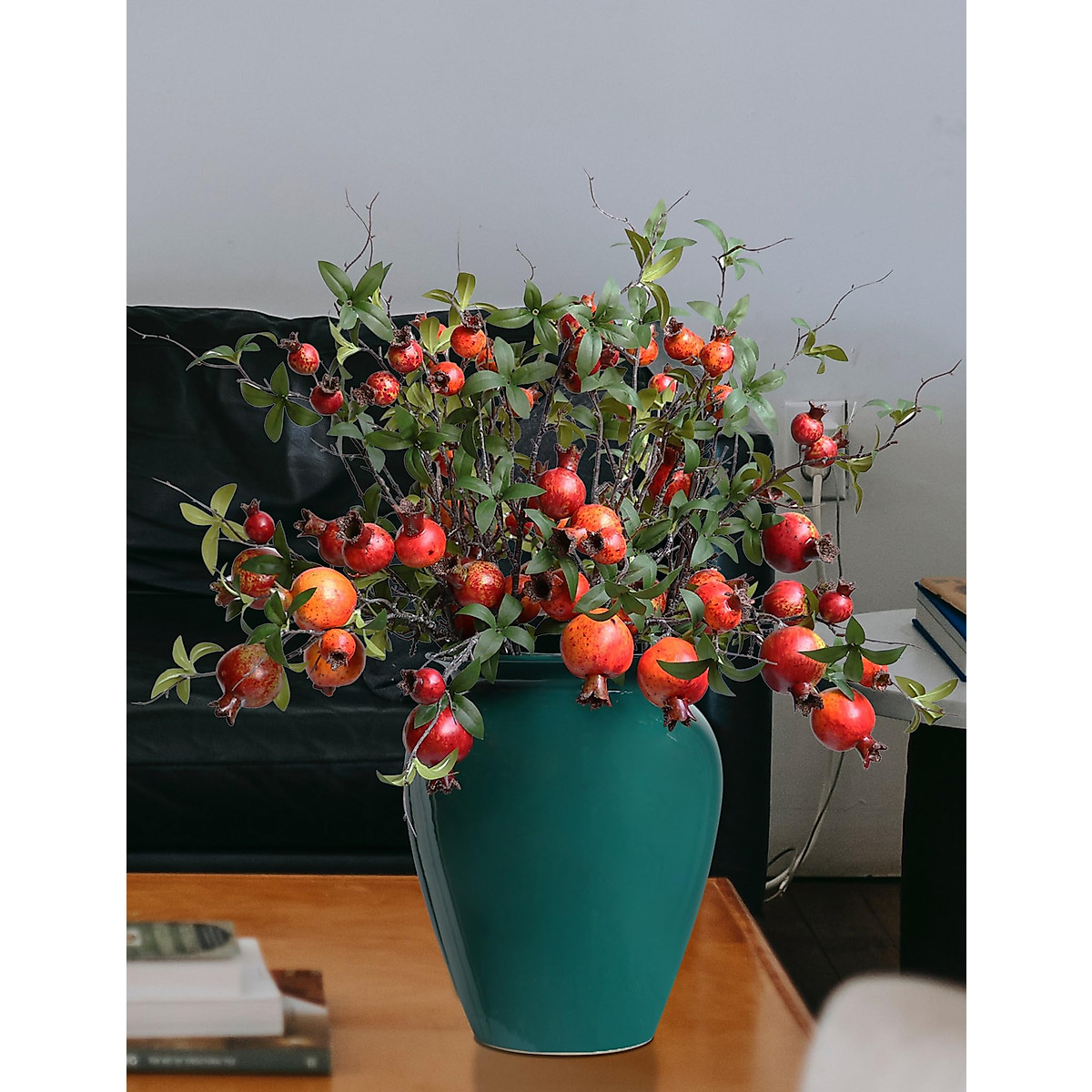 Forlaoers 4pcs 31" Tall Red Berries Pomegranate Faux Plants Stem Fake Tree Branches with Fruits Leaves Artificial Flowers for Outdoors Home Decor Office Fall Wedding Engagement Party Decorations
