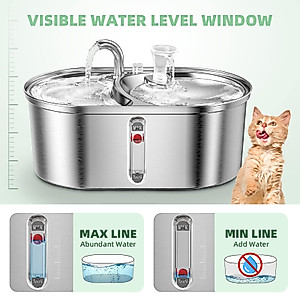 Cat Water Fountain Stainless Steel, 3L/102oz Automatic Pet Water Fountain for Cats Inside, 2-in-1 Cat Water Fountain and Food Bowl with Visible Water Level, Pet Drinking Dispenser for Cats Small Dogs