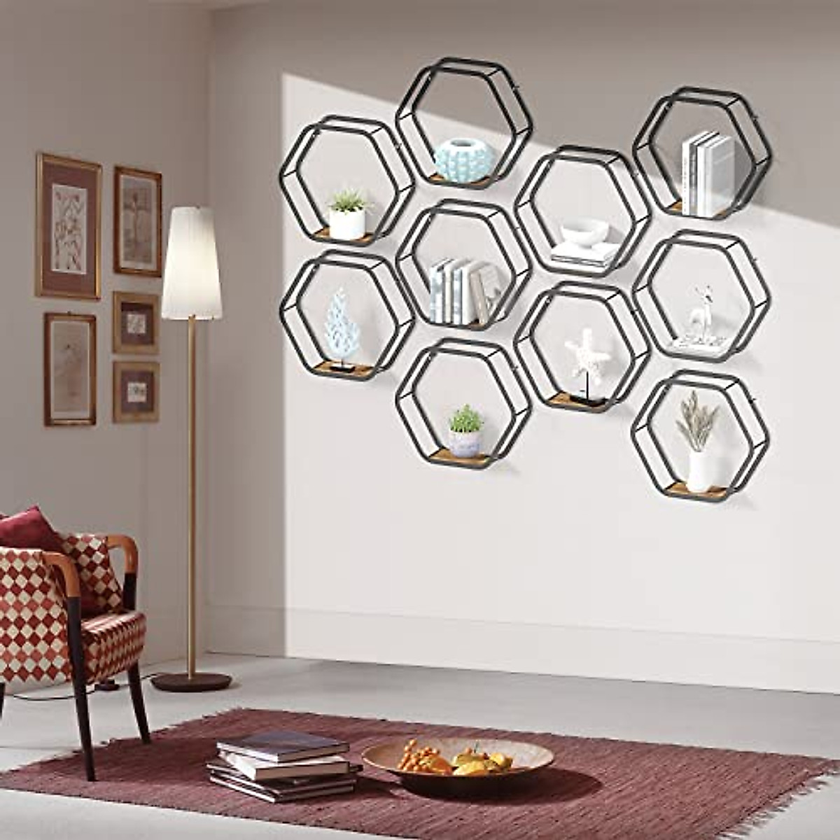 Hexagon Floating Shelves Metal Hexagonal Shelves Wall Mount Honeycomb Storage Shelves Set of 10 Modern Floating Black Display Rack for Wall Decor Geometric Hanging Shelf in Farmhouse Bed/Living Room
