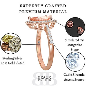 Beaux Bijoux Simulated Morganite Engagement Ring for Women | Sterling Silver Rose Gold Plated Morganite CZ Diamond Halo Ring | Square Princess Shaped Center Stone | Rose Gold Ring (Size 7)