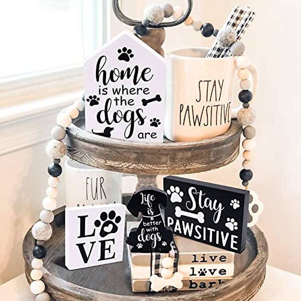 Zingoetrie Dog Tiered Tray Decorations Wooden Dog Sign Paw Wood Decor Farmhouse Tiered Tray Decorations Rustic Puppy Ornaments for Home Kitchen Window Table Set of 4 Housewarming Dog Mom Gift Idea