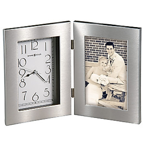 Howard Miller Lewiston Table Clock 645-677 – 4-Inch x 6-Inch Silver Finished Picture Frame, Glass Crystal, Hinged Timepiece, Modern Home Décor, Quartz Movement