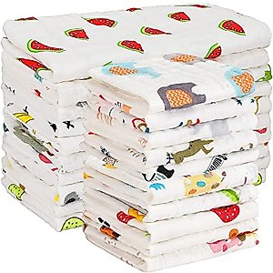 Kenning 20 Pack Muslin Baby Burp Cloths Large 20 x 10 Inches and 10 x 10 Inch Cotton Baby Burp Rags Cute Baby Towel and Washcloths Face Towels 6 Layers Absorbent for Baby Infant Shower, 20 Styles