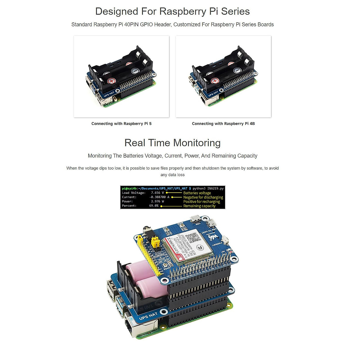 Waveshare UPS HAT for Raspberry Pi 5/4B, 5V Uninterruptible Power Supply Charge and Power Output at The Same Time