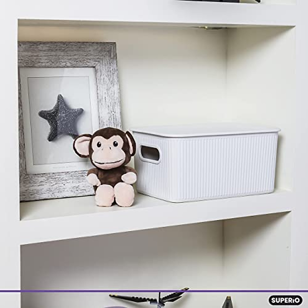 Superio Small Decorative Storage Bin (4 Pack)- Closet, and Shelf Plastic Storage Basket Organizer for Home, Toys, and Pantry- Ribbed Design, 5 Liter, Grey and White