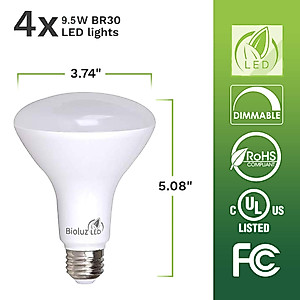Bioluz LED 4 Pack 90 CRI BR30 LED Flood Light Bulbs Indoor Outdoor INSTANT ON DIMMABLE Warm White 2700K Replaces 65-95 Watt Using 9.5 Watts UL Listed 2016 Title 20 High Efficacy Lighting