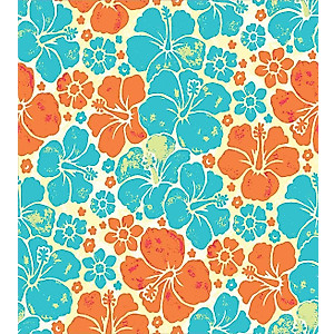 Lunarable Tropical Duvet Cover Set, Hawaiian Hibiscus Silhouettes Abstract Nature Motifs Grunge Style, Decorative 3 Piece Bedding Set with 2 Pillow Shams, Queen Size, Pale Blue Orange