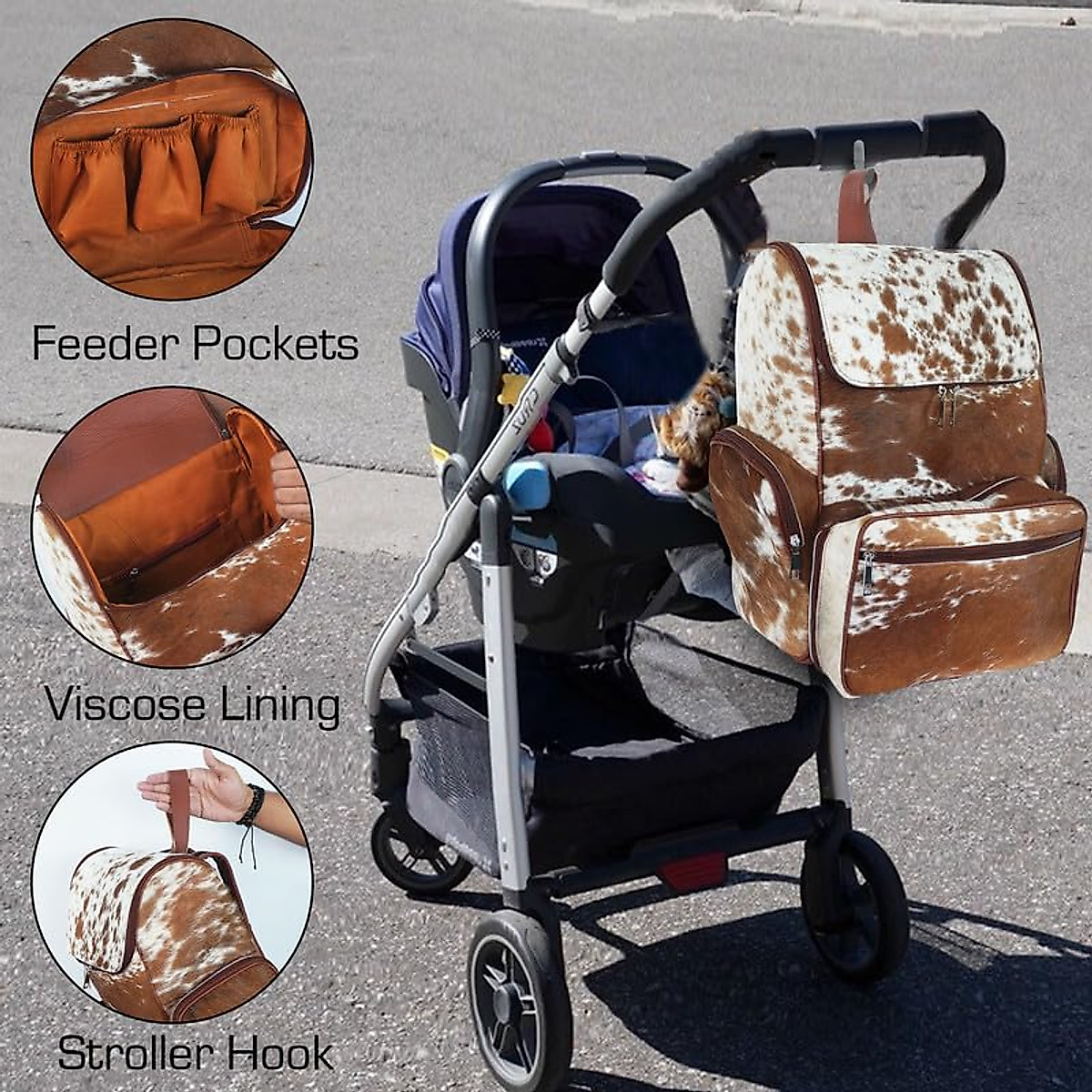 LP-FACON Western Cowhide Print Leather Diaper Backpack | Cute Shower Gifts For Mom | Large Travel Bag Brown & White