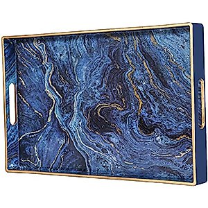Zosenley Decorative Tray, Marbling Plastic Tray with Handles, Rectangular Vanity Tray and Serving Tray for Bathroom, Kitchen, Ottoman and Coffee Table, 15.6” x 10.2”, Blue